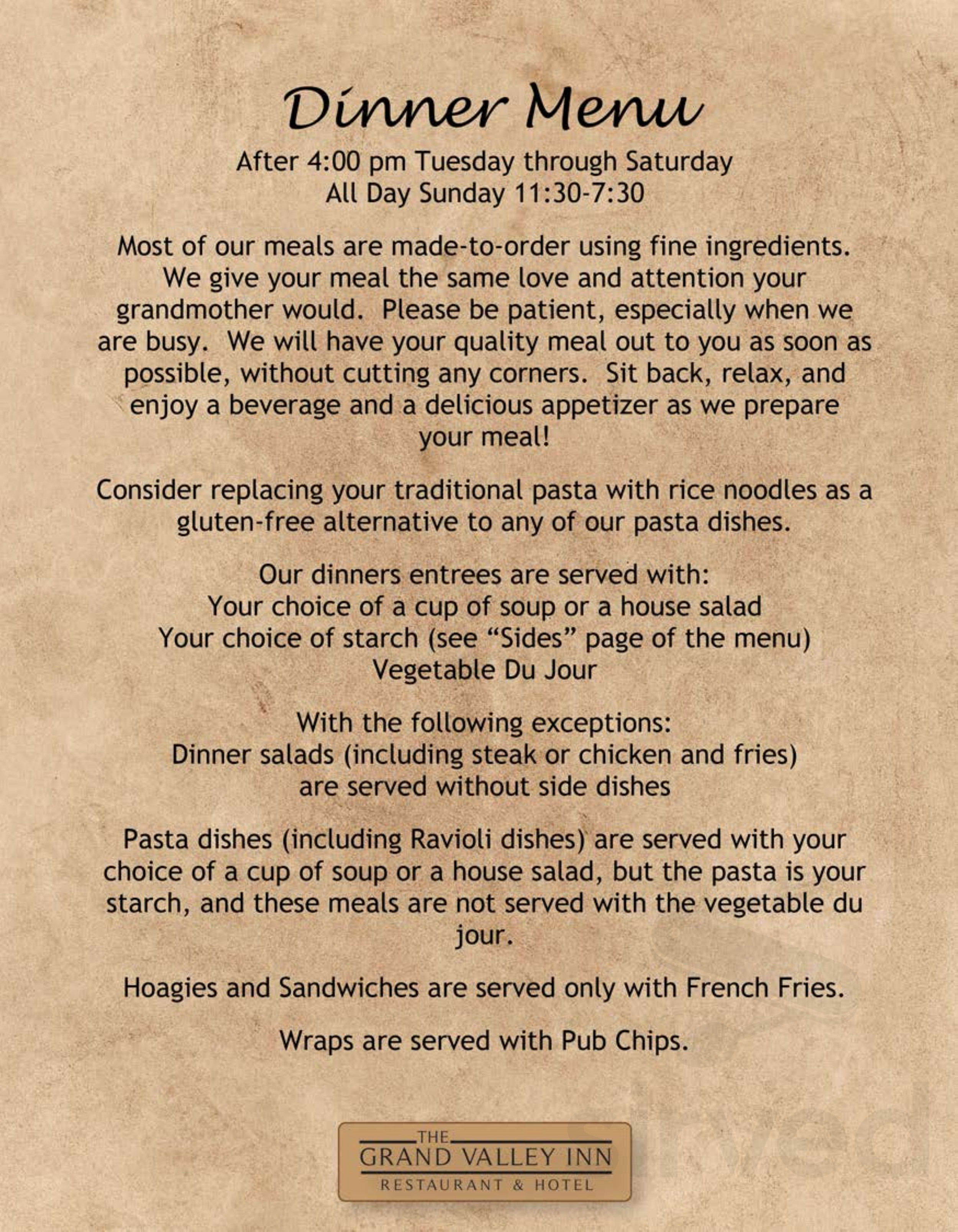 Grand Valley Inn menu in New Brighton, Pennsylvania, USA