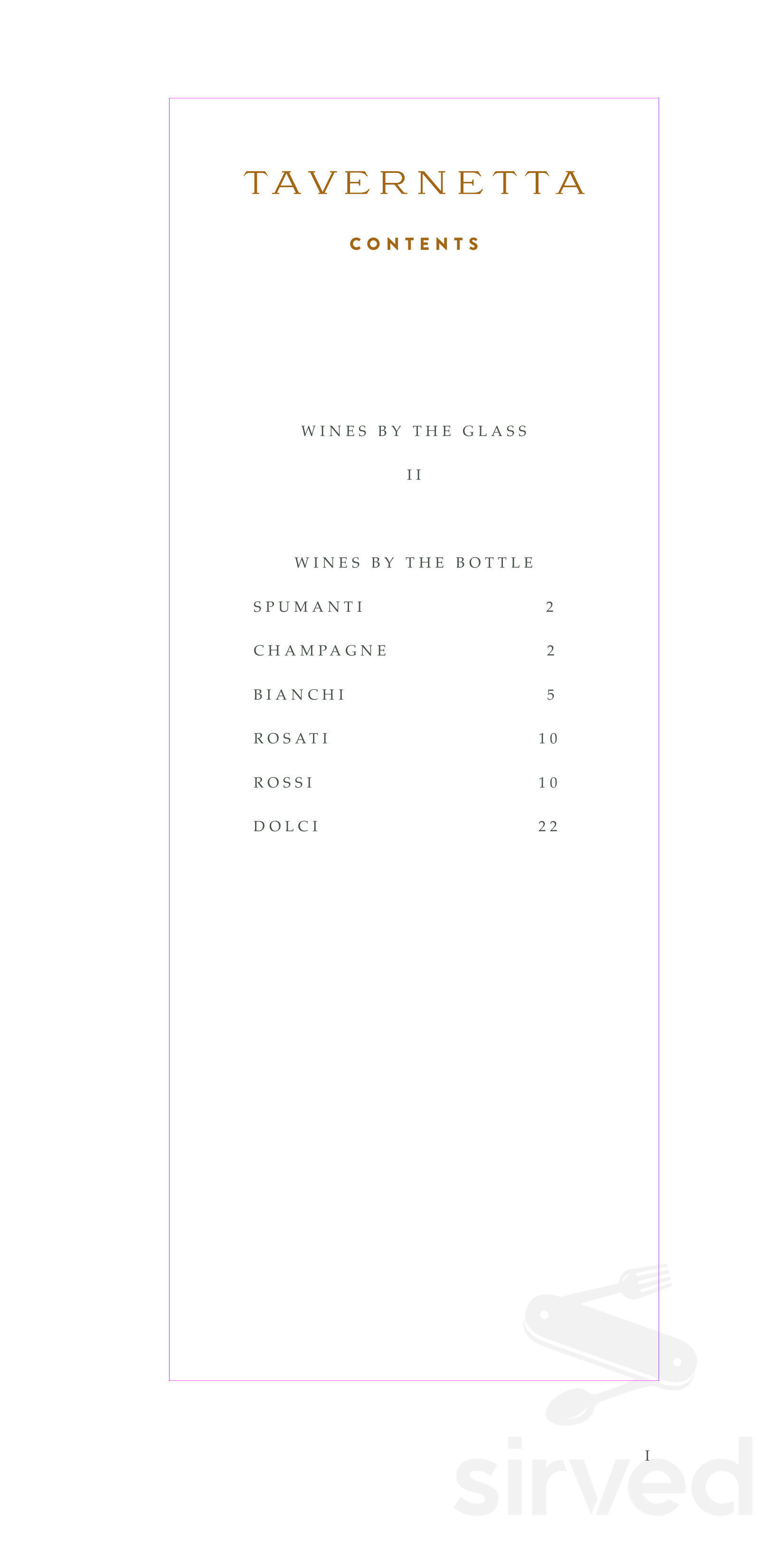 Tavernetta menu in Denver, Colorado, USA