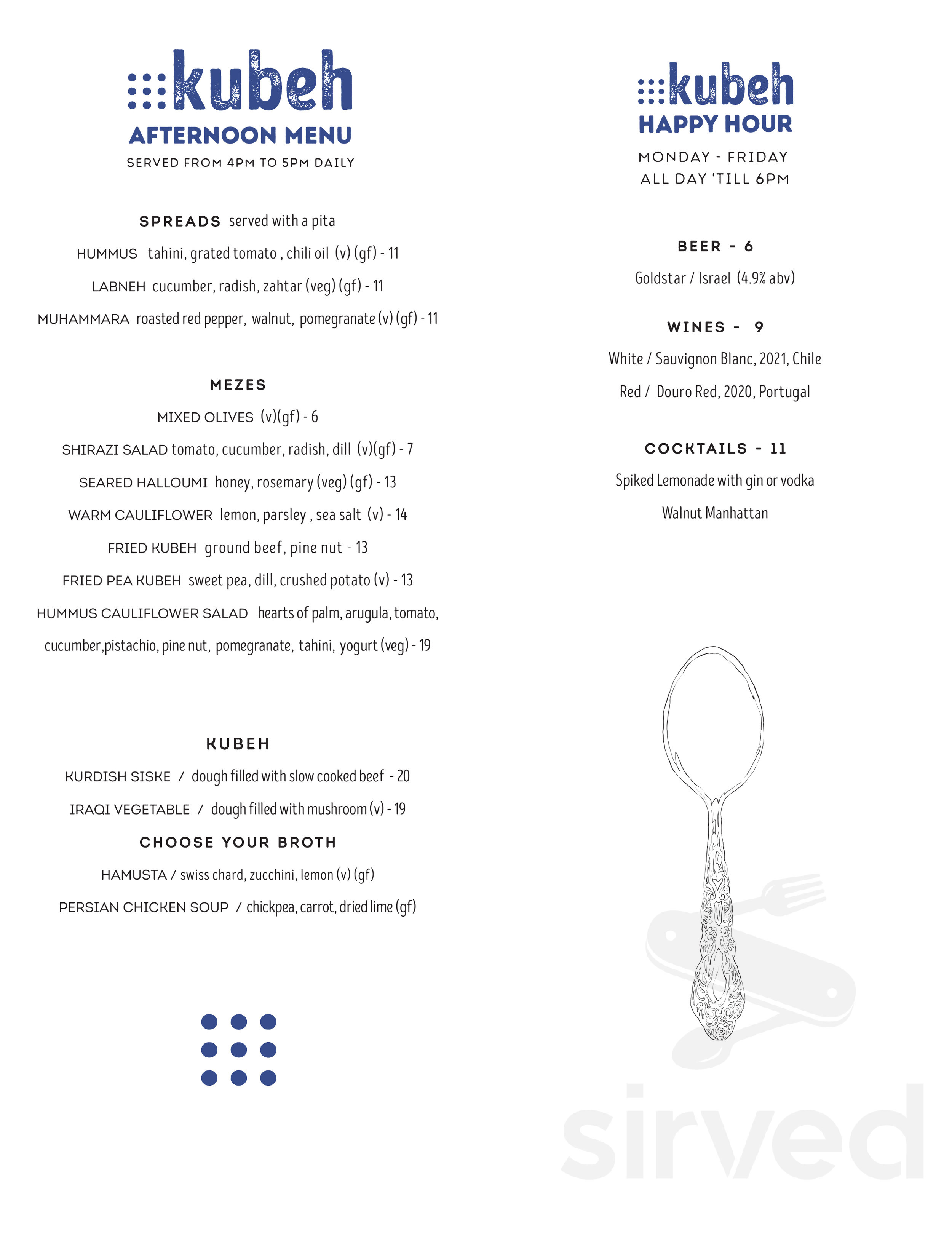 Kubeh menu in New York, New York, USA