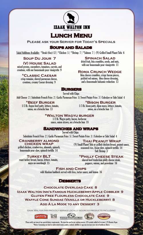 Izaak Walton Inn menu in Essex, Montana, USA