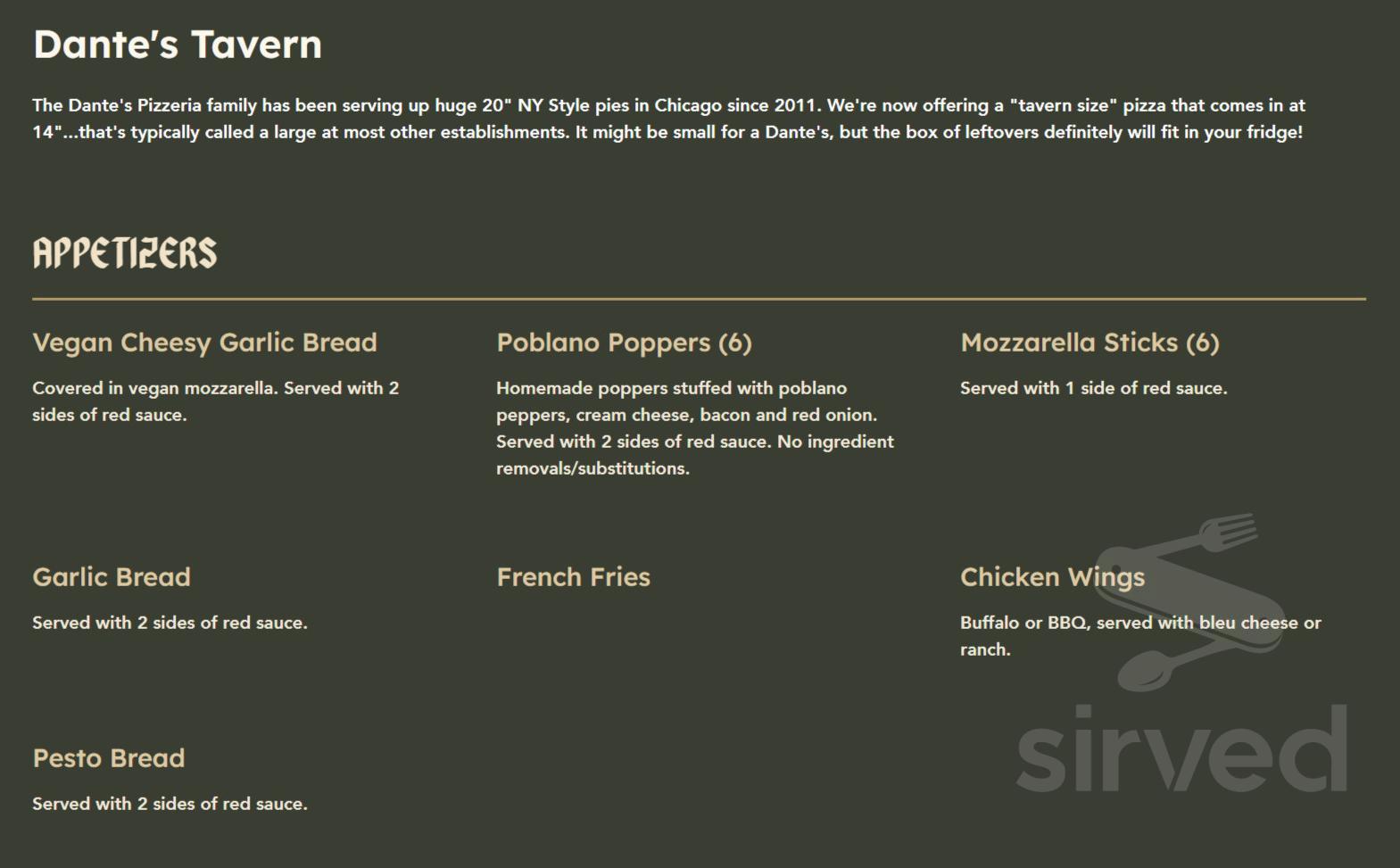 Menu - Chicago IL's Dante’s Tavern | Sirved