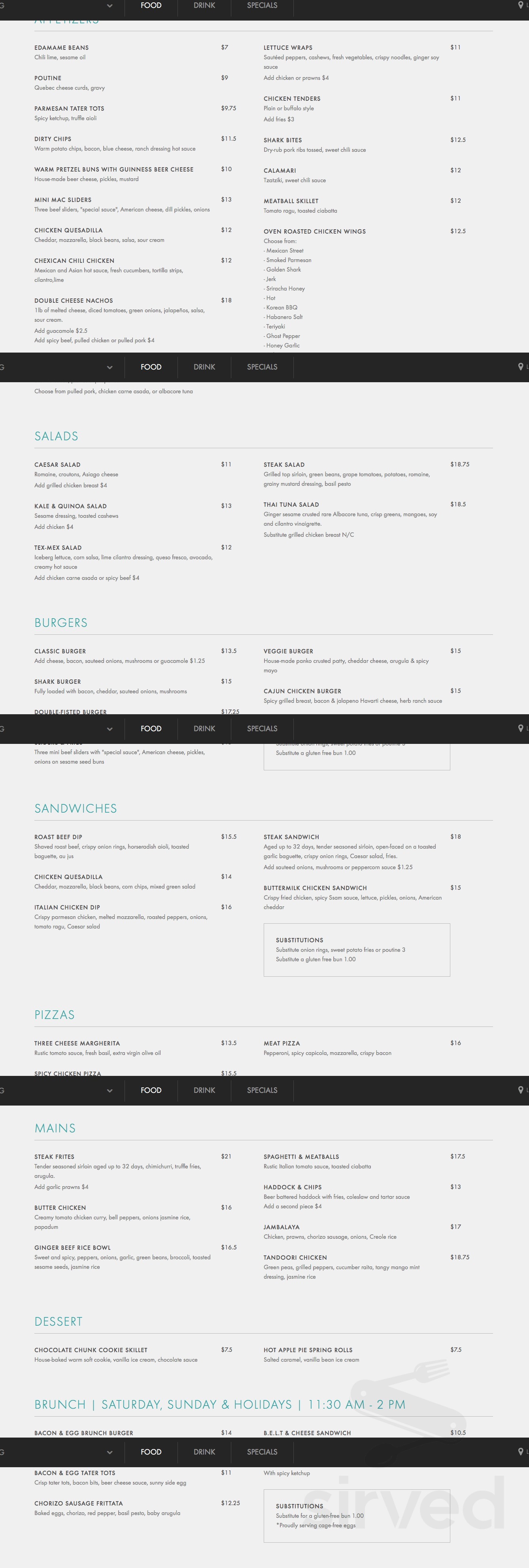 Menu - Winnipeg MB's Shark Club Gaming Centre | Sirved