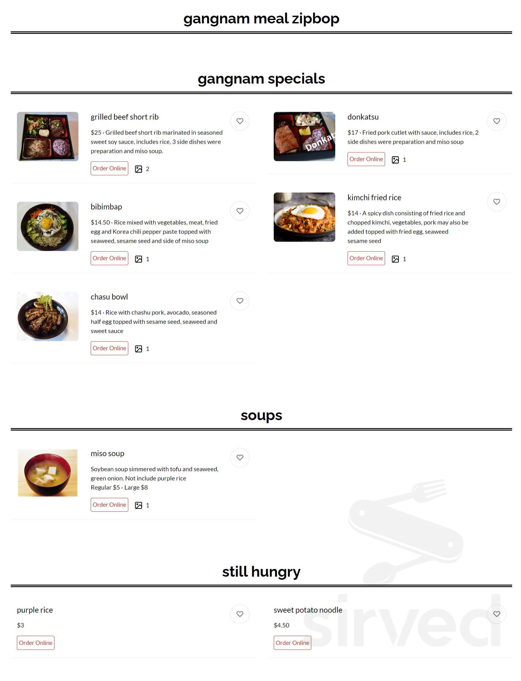 Gangnam Zip menu in Cedar Park, Texas, USA