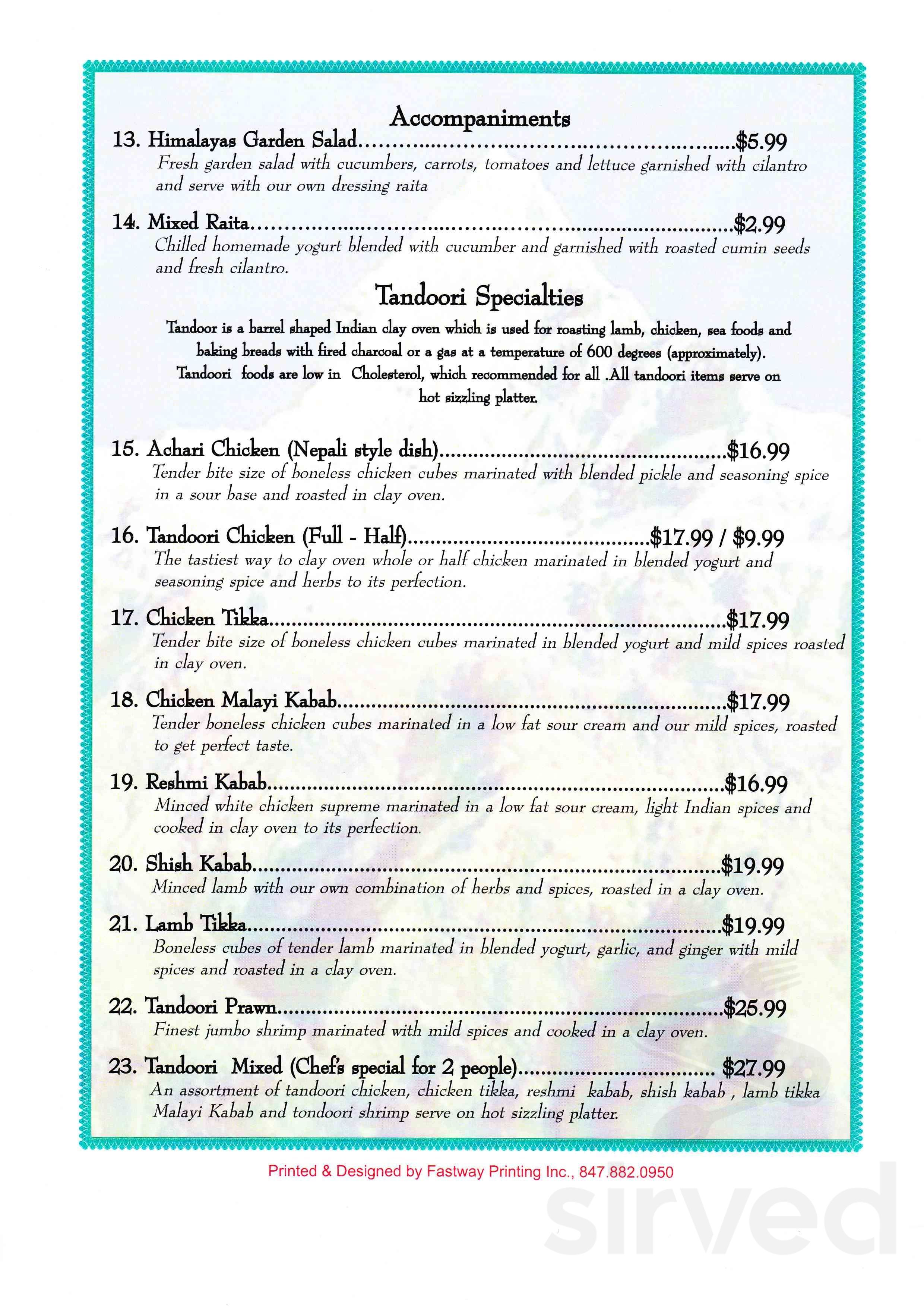 Taste of Himalayas menu in St. Charles, Illinois, USA