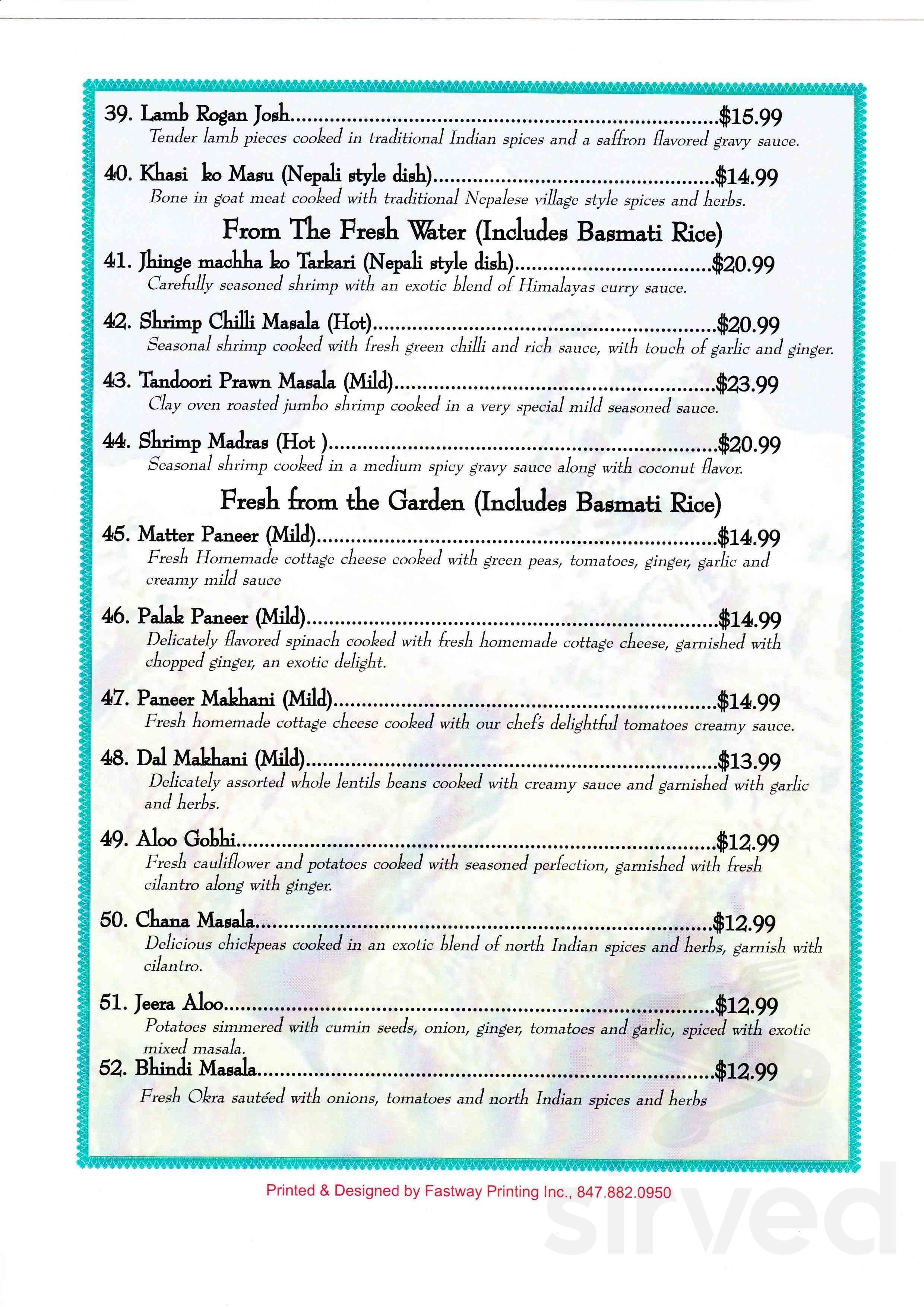 Taste of Himalayas menu in St. Charles, Illinois, USA