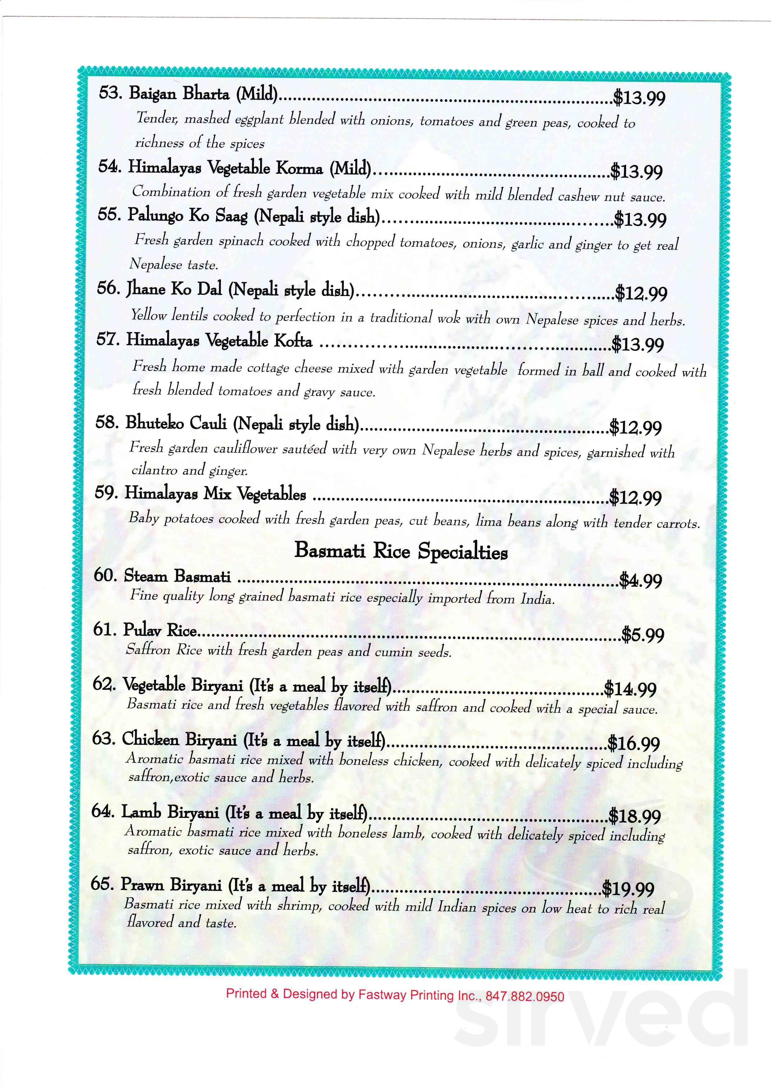 Taste of Himalayas menu in St. Charles, Illinois, USA