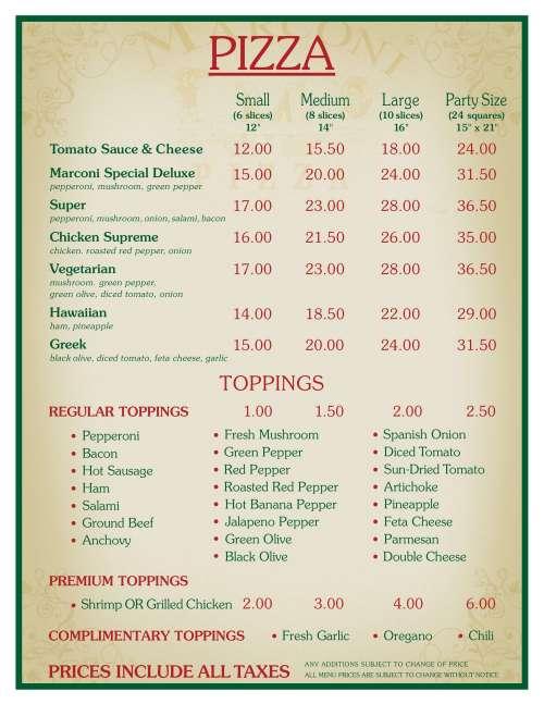 Marconi Pizza menu in Mississauga, Ontario, Canada