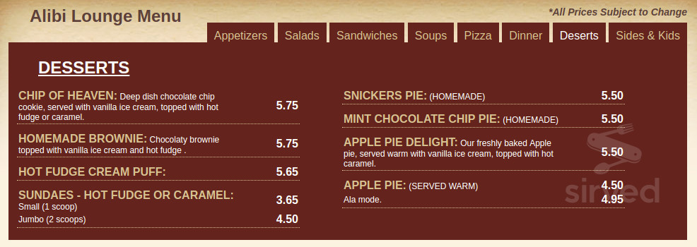 Alibi of Troy menu in Troy, Michigan, USA