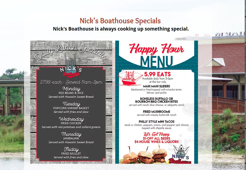 Menu for Nick's Boathouse in Pensacola, FL | Sirved
