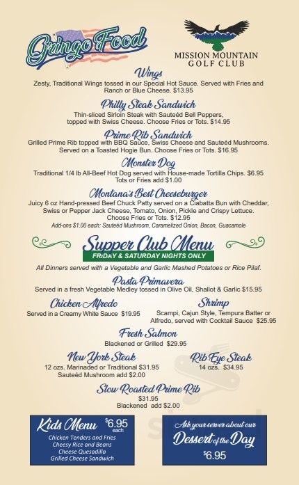 Mission Mountain Golf Club menu in Ronan, Montana, USA