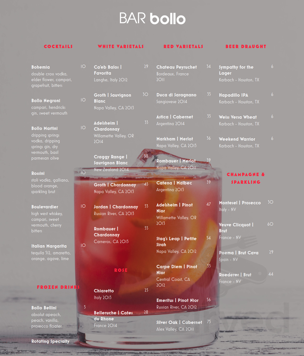 Bollo Woodfired Pizza menu in Houston, Texas, USA