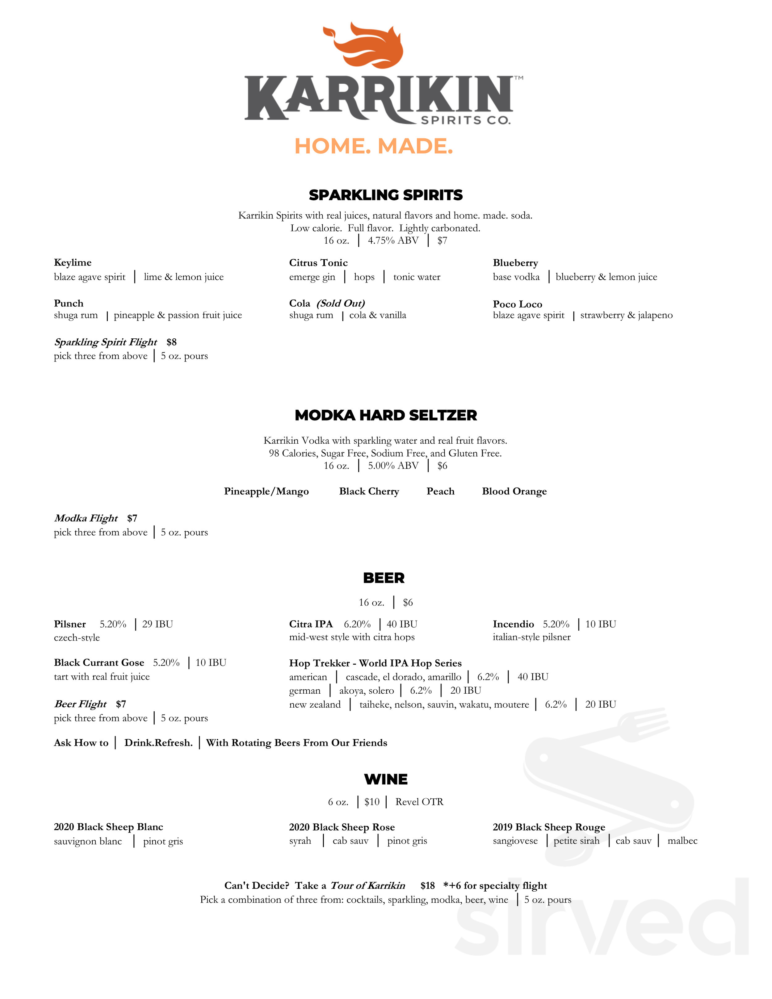 Karrikin Spirits Company menu in Cincinnati, Ohio, USA