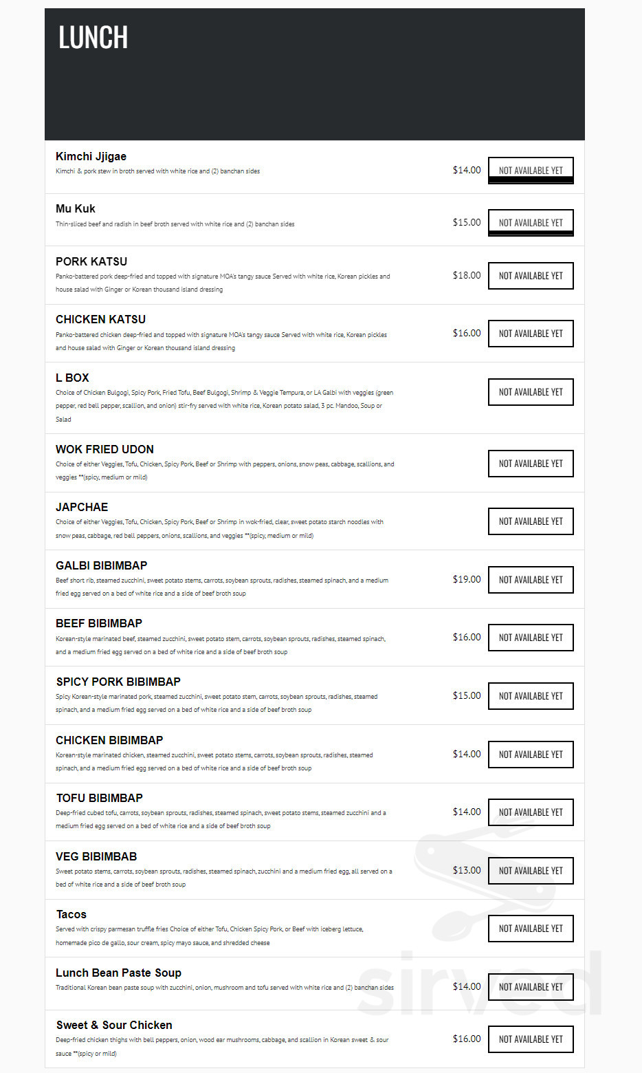 Menu - Charlotte NC's MOA Korean BBQ | Sirved