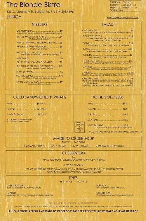 The Blonde Bistro Brew Works menu in Bellefonte, Pennsylvania, USA
