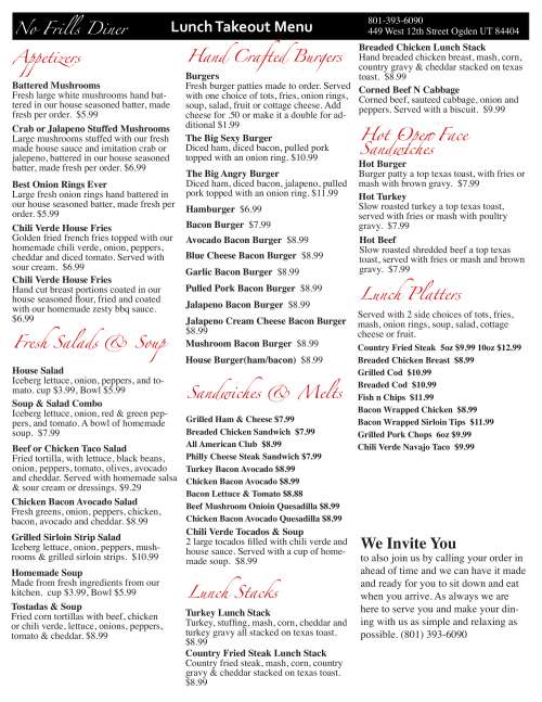 No Frills Diner On 25th menu in Ogden, Utah, USA