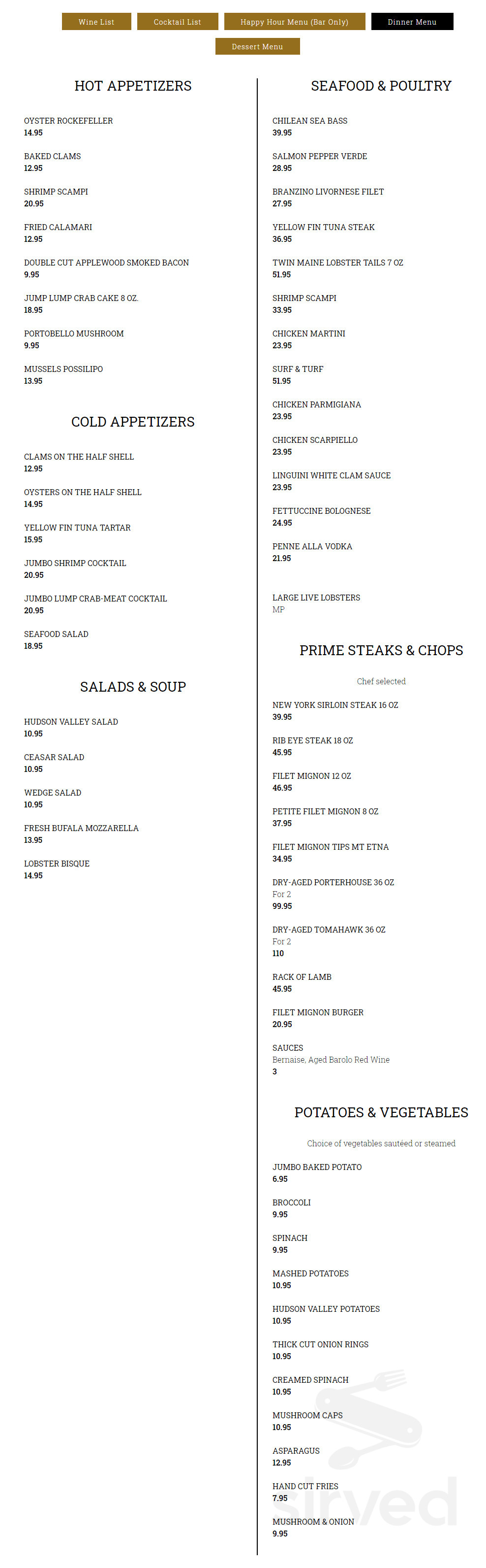Menu for Hudson Valley Steakhouse in Yorktown Heights, NY | Sirved