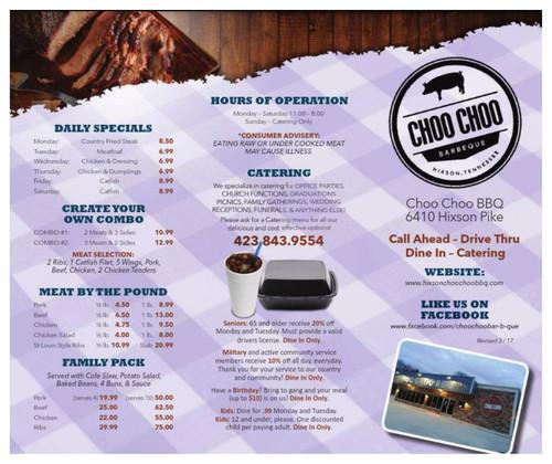 Choo Choo BBQ of Hixson menu in Hixson, Tennessee, USA