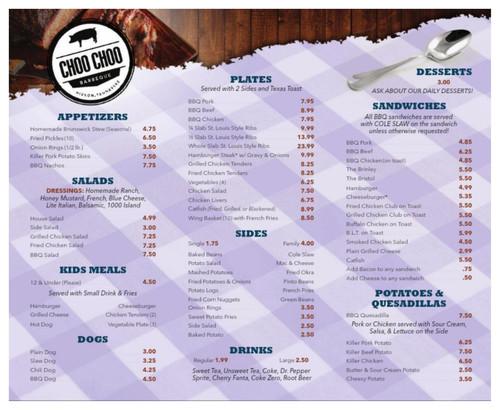 Choo Choo BBQ of Hixson menu in Hixson, Tennessee, USA