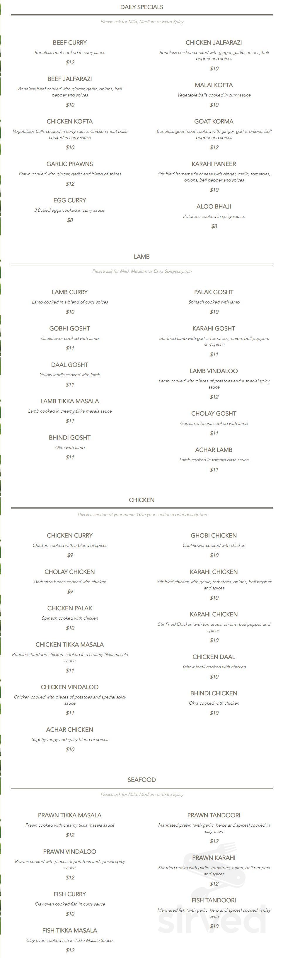 Naan N Curry menu in San Francisco, California, USA