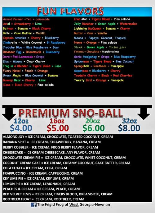 The Frigid Frog of West Georgia, Newnan menu in Newnan, Georgia, USA