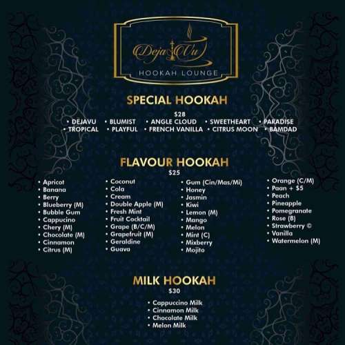 Deja Vu Hookah Lounge menu in Burnaby, British Columbia, Canada