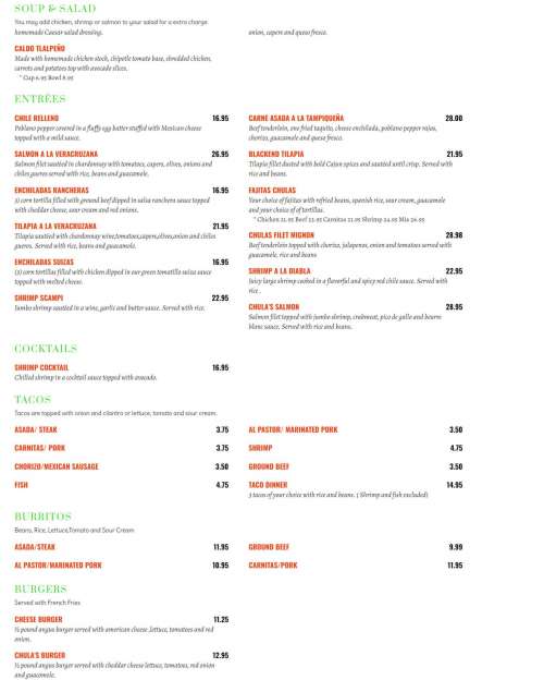 Chula's Bar and Grill menu in Downers Grove, Illinois, USA