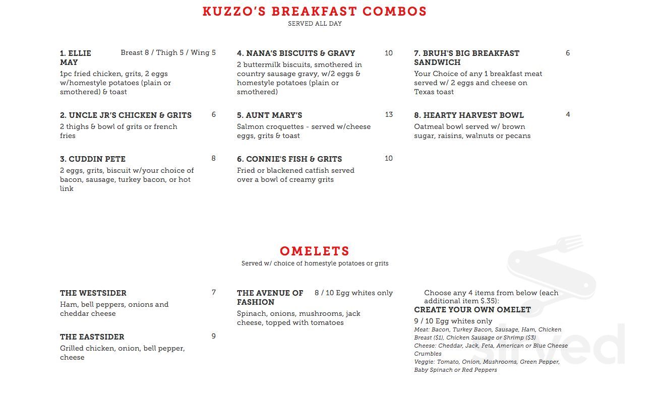 Kuzzo's Chicken & Waffles menu in Detroit, Michigan, USA
