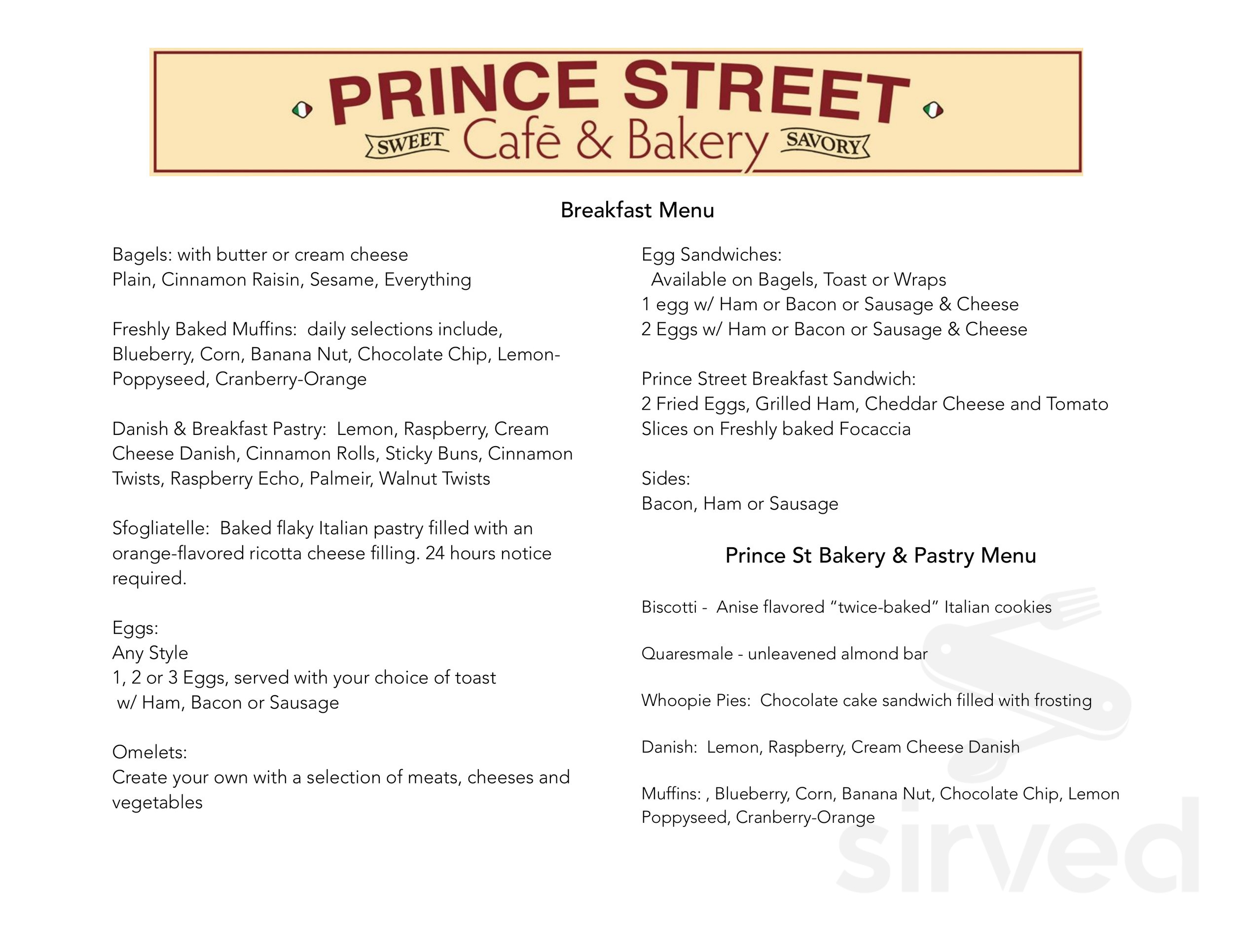 Prince Street Cafe & Bakery menu in Bedford, Massachusetts, USA