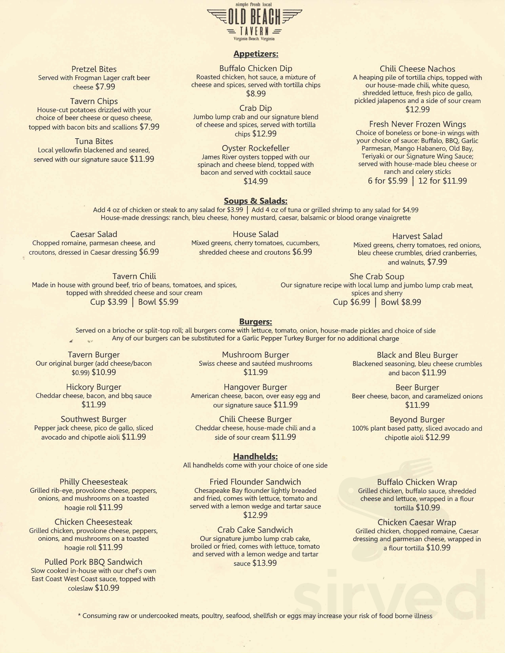 OLD BEACH TAVERN menu in Virginia Beach, Virginia, USA