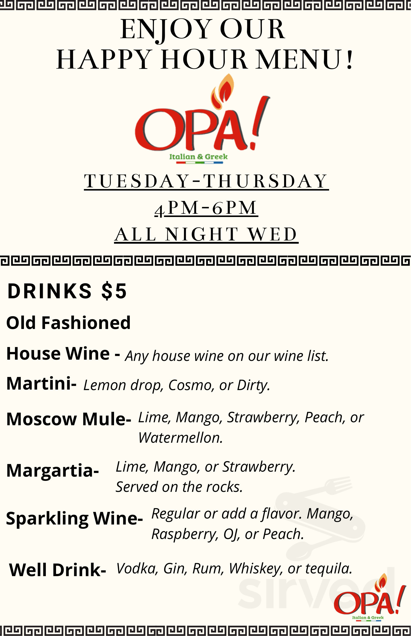 Menu for OPA! Italian & Greek in West Des Moines, IA | Sirved