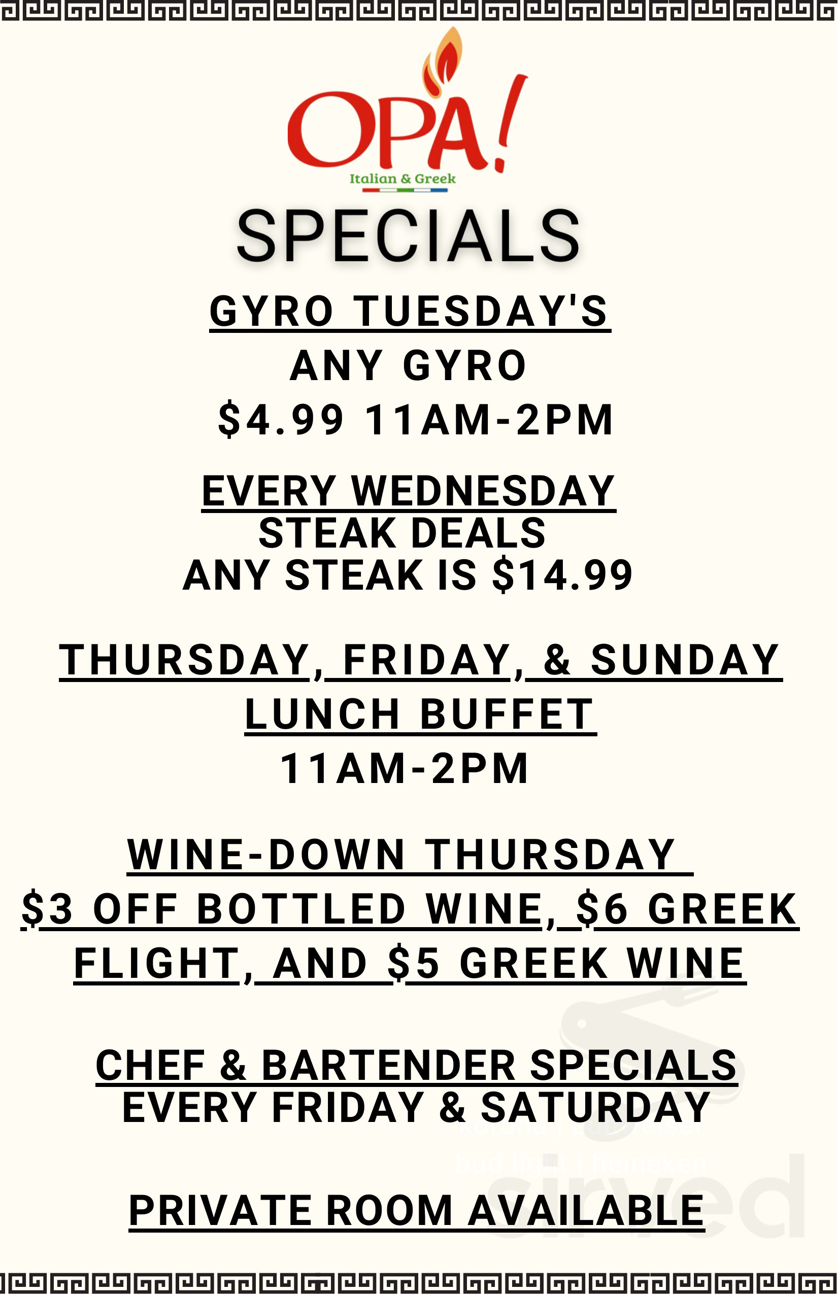 Menu for OPA! Italian & Greek in West Des Moines, IA | Sirved