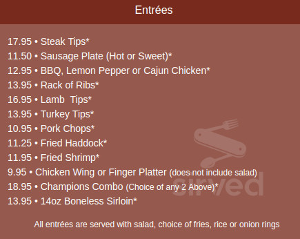 Champions Pub menu in Peabody, Massachusetts, USA
