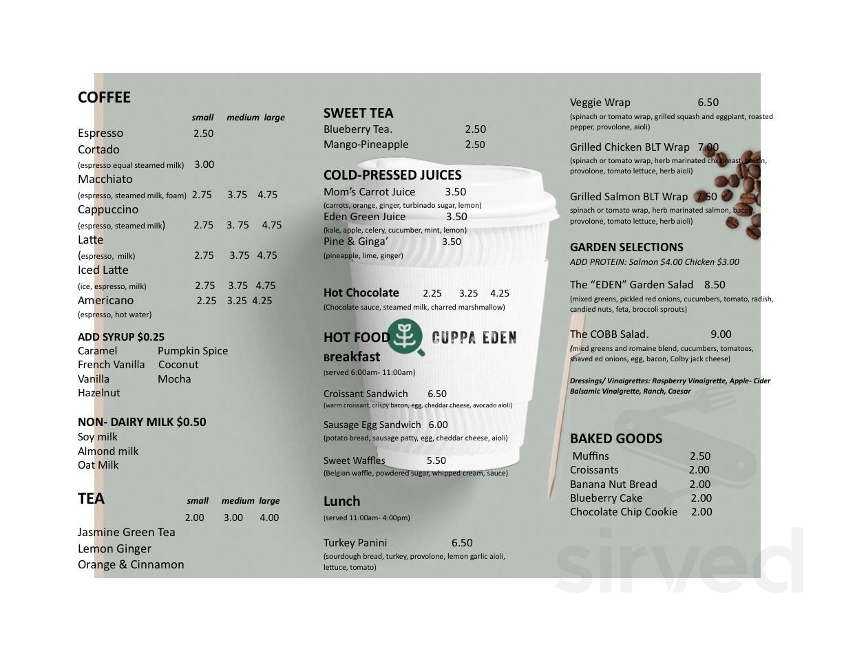 Cuppa Eden menu in Winter Haven, Florida, USA