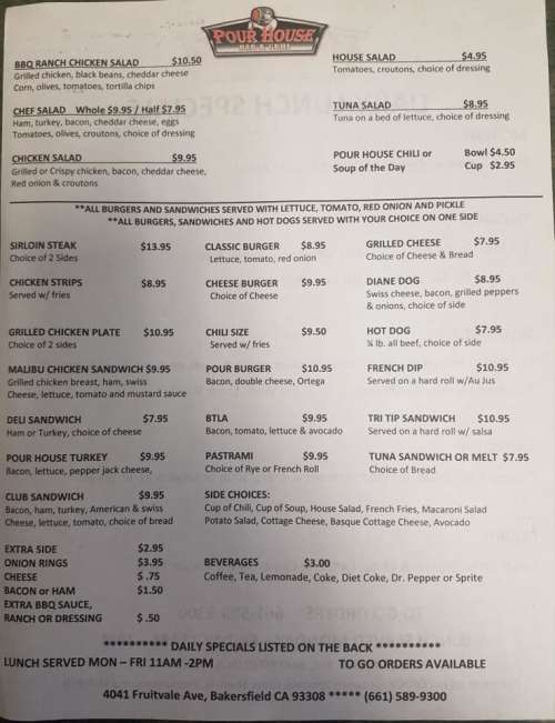 Pour House Bar & Grill menu in Bakersfield, California, USA