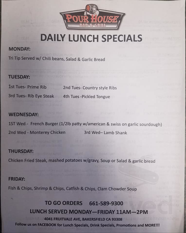 Menu for Pour House Bar and Grill in Bakersfield, CA | Sirved