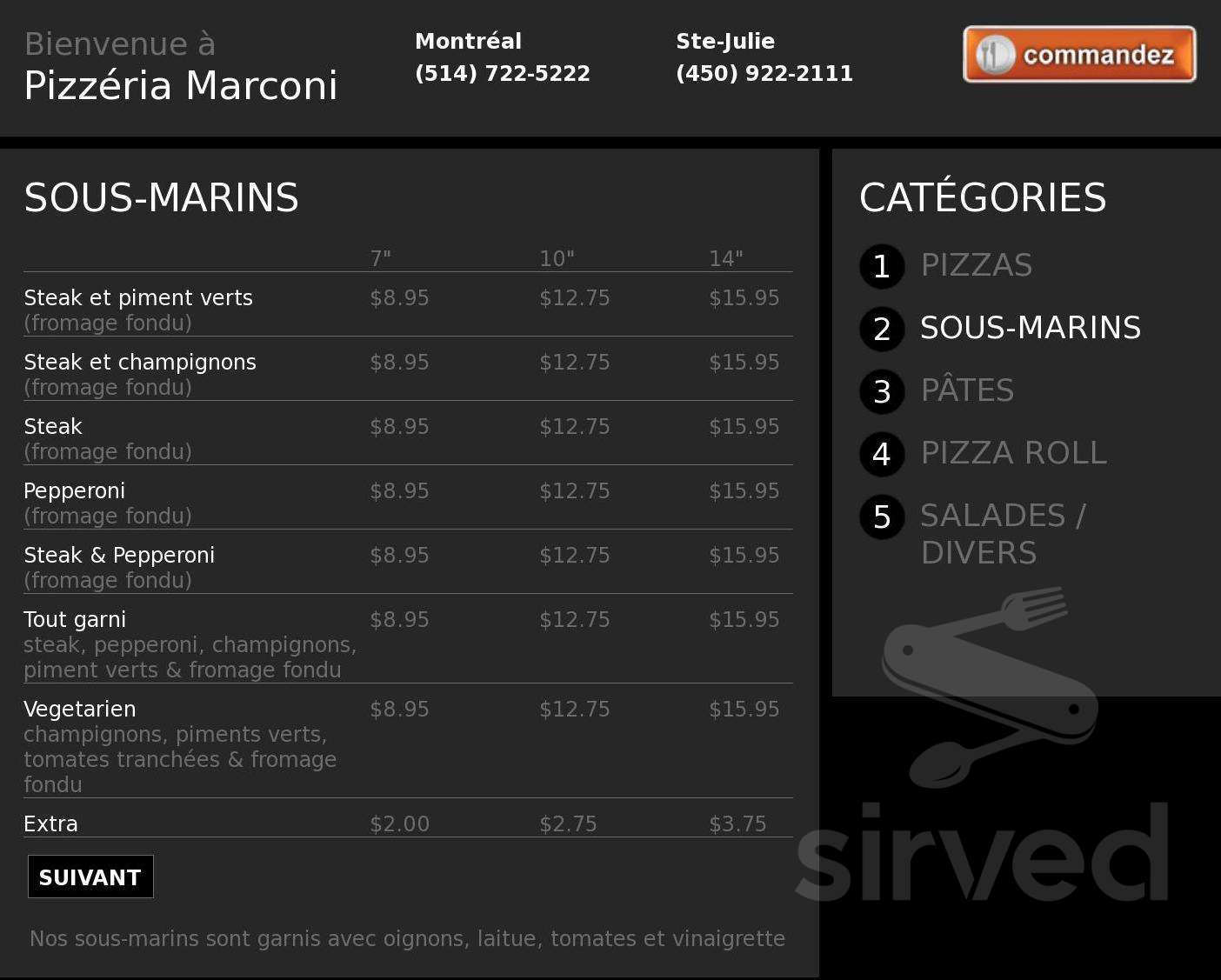 Marconi Pizzeria menu in Sainte-Julie, Quebec J3E 2S7, Canada