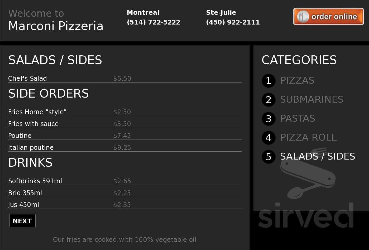 Marconi Pizzeria menu in Sainte-Julie, Quebec J3E 2S7, Canada