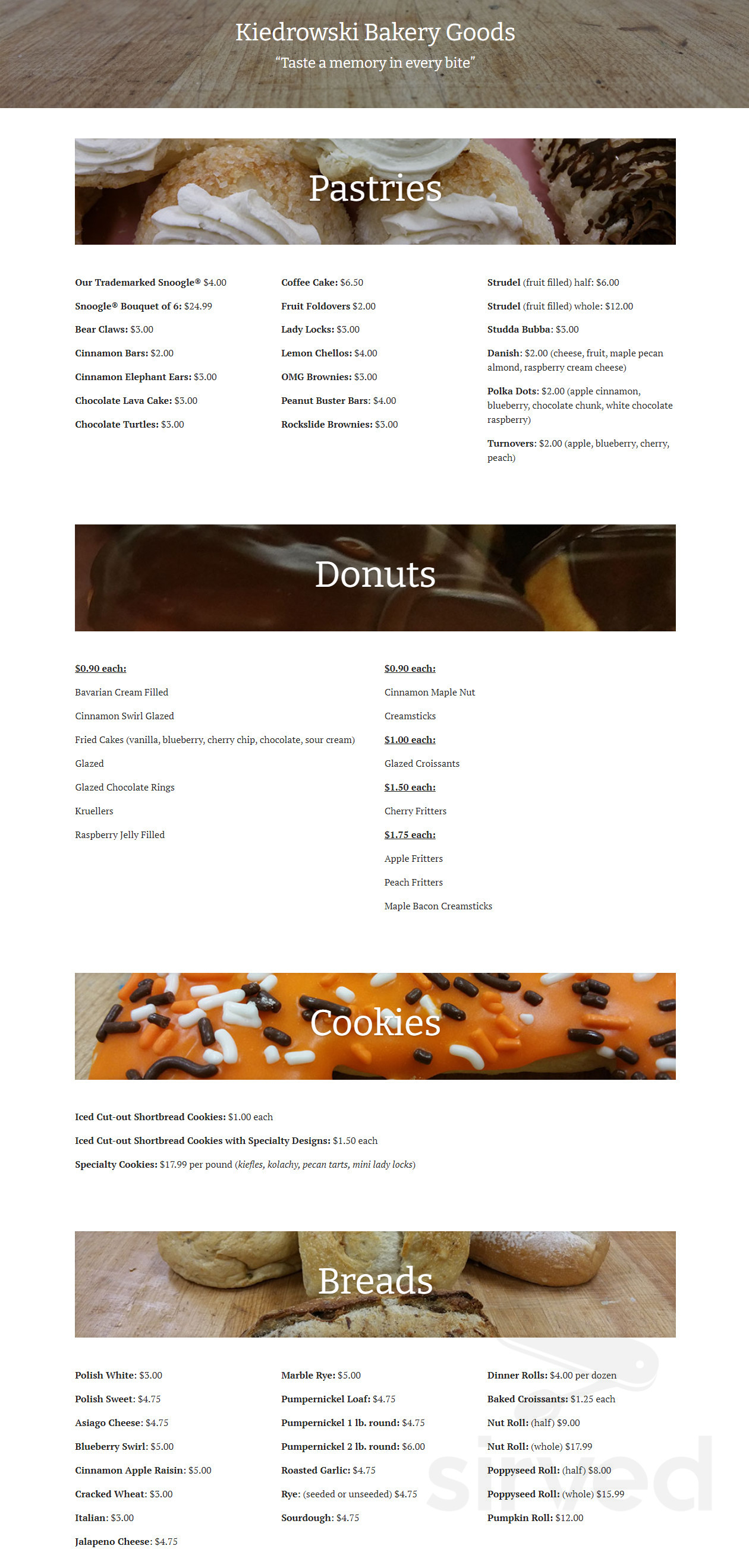 Menu for Kiedrowski's Simply Delicious Bakery in Amherst, OH | Sirved