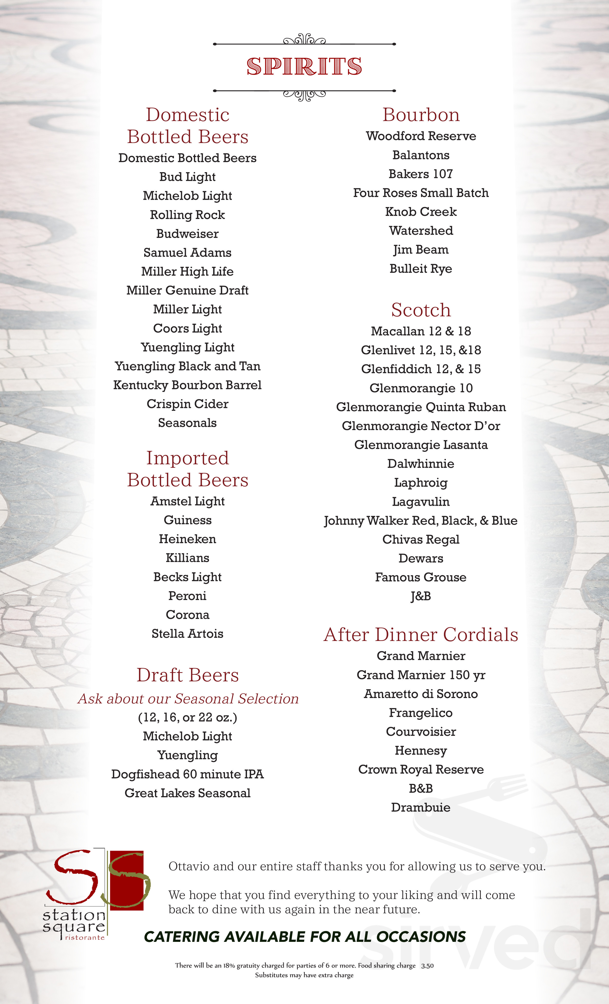 Station Square menu in Youngstown, Ohio, USA