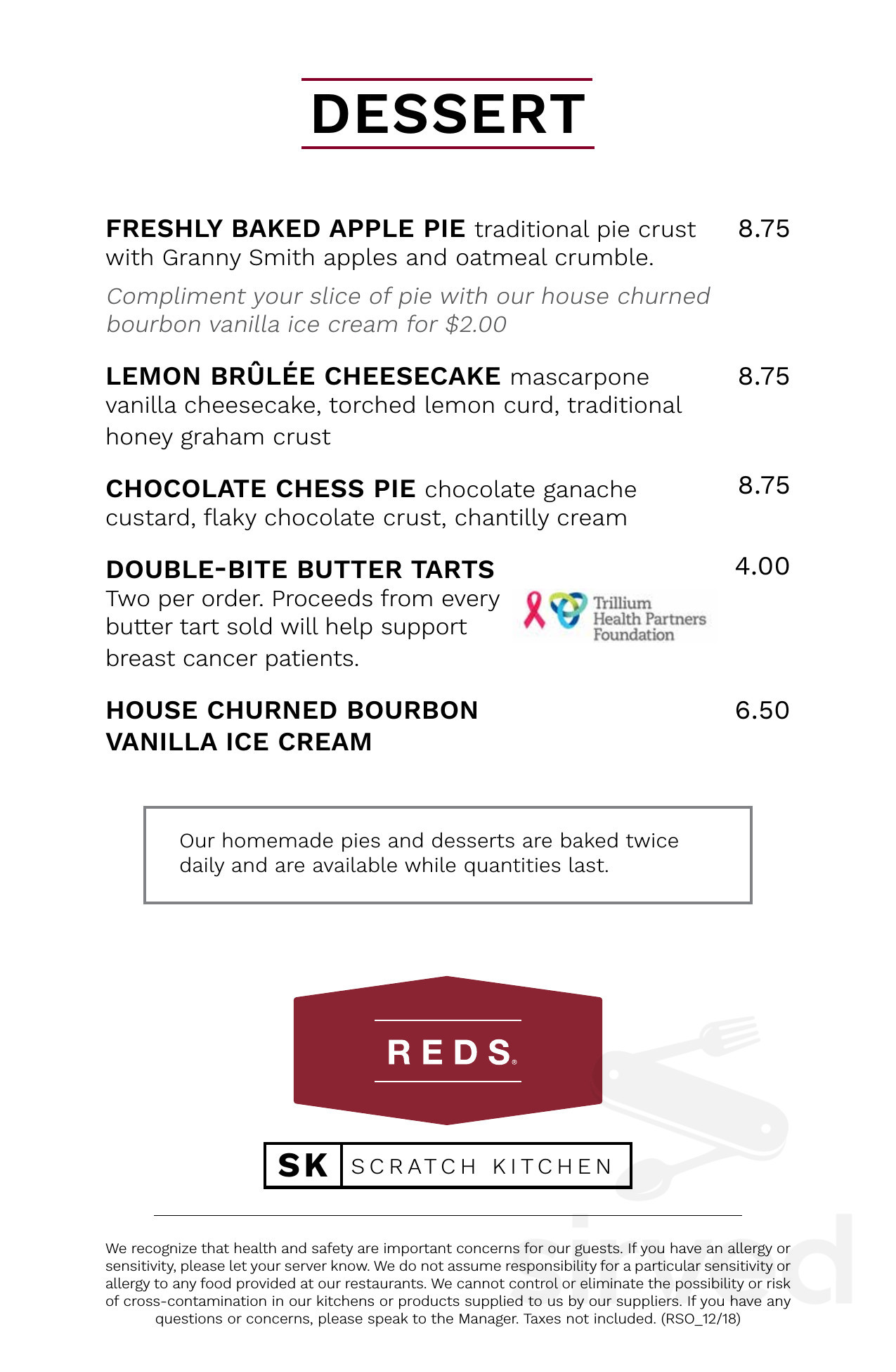 Reds Square One menu in Mississauga, Ontario, Canada