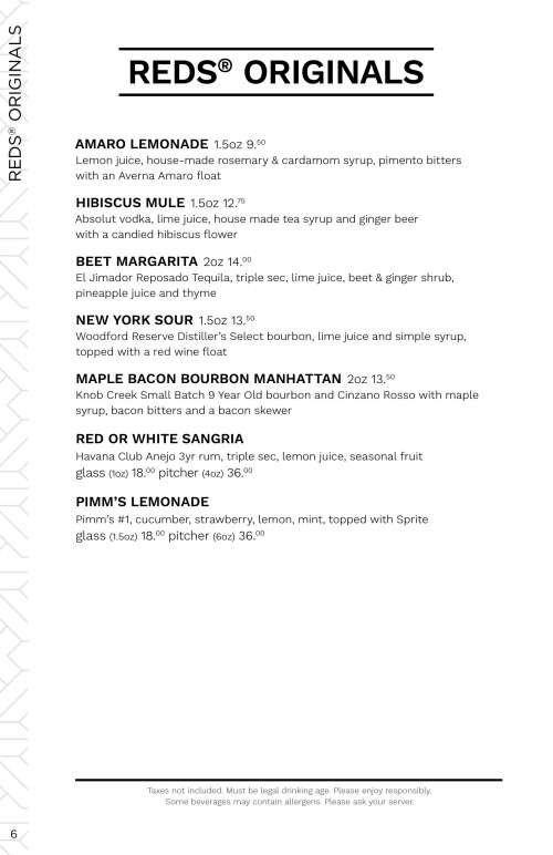 Reds Square One menu in Mississauga, Ontario, Canada