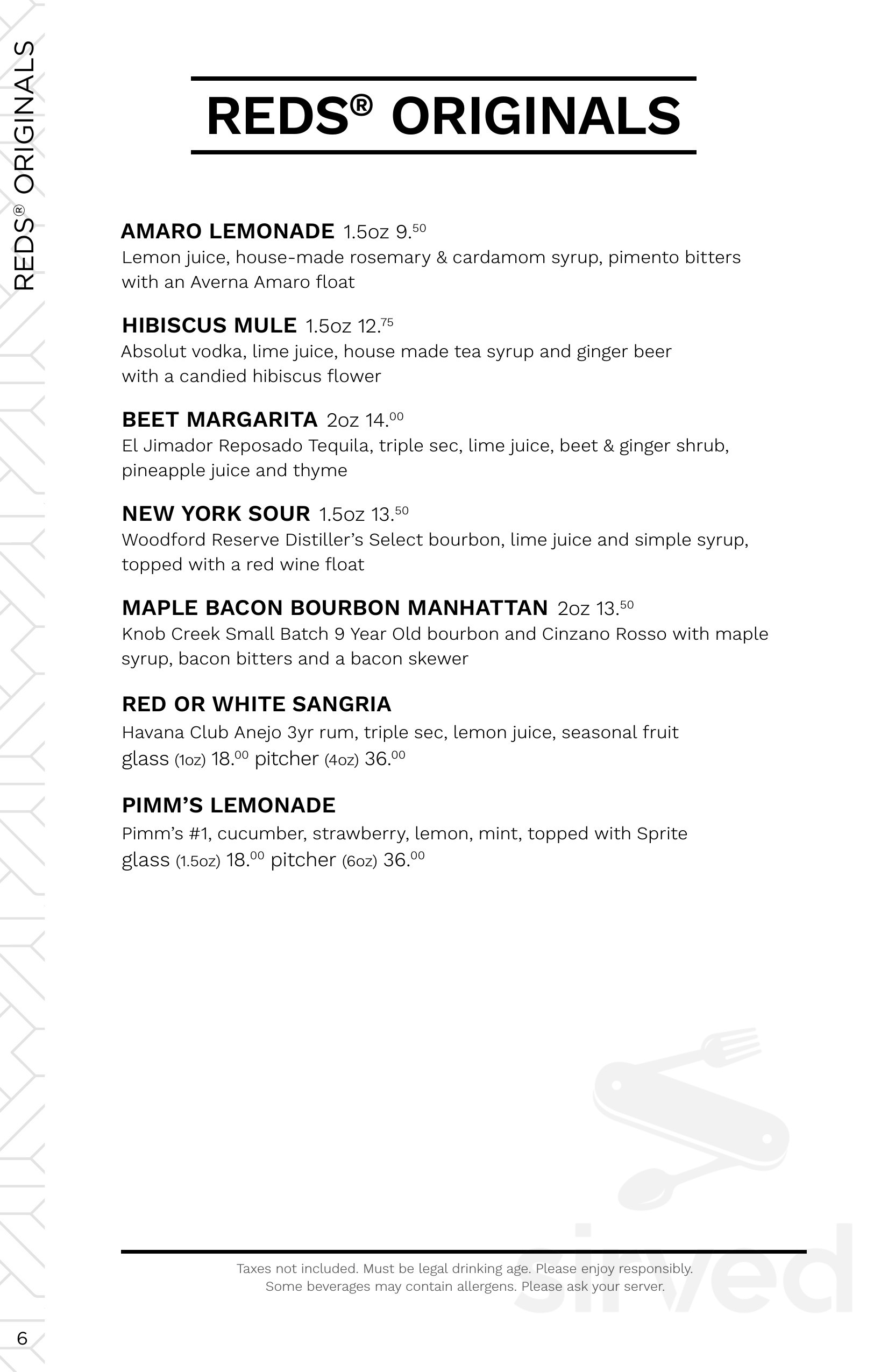 Menu for Reds Square One in Mississauga, Ontario, Canada