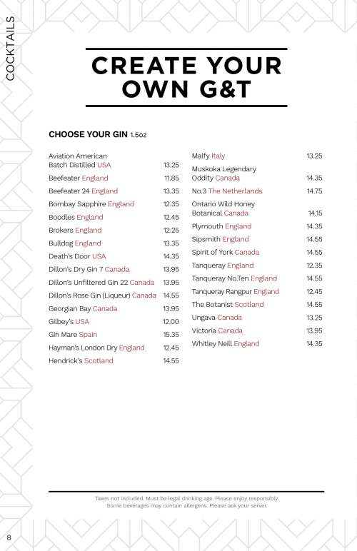 Reds Square One menu in Mississauga, Ontario, Canada