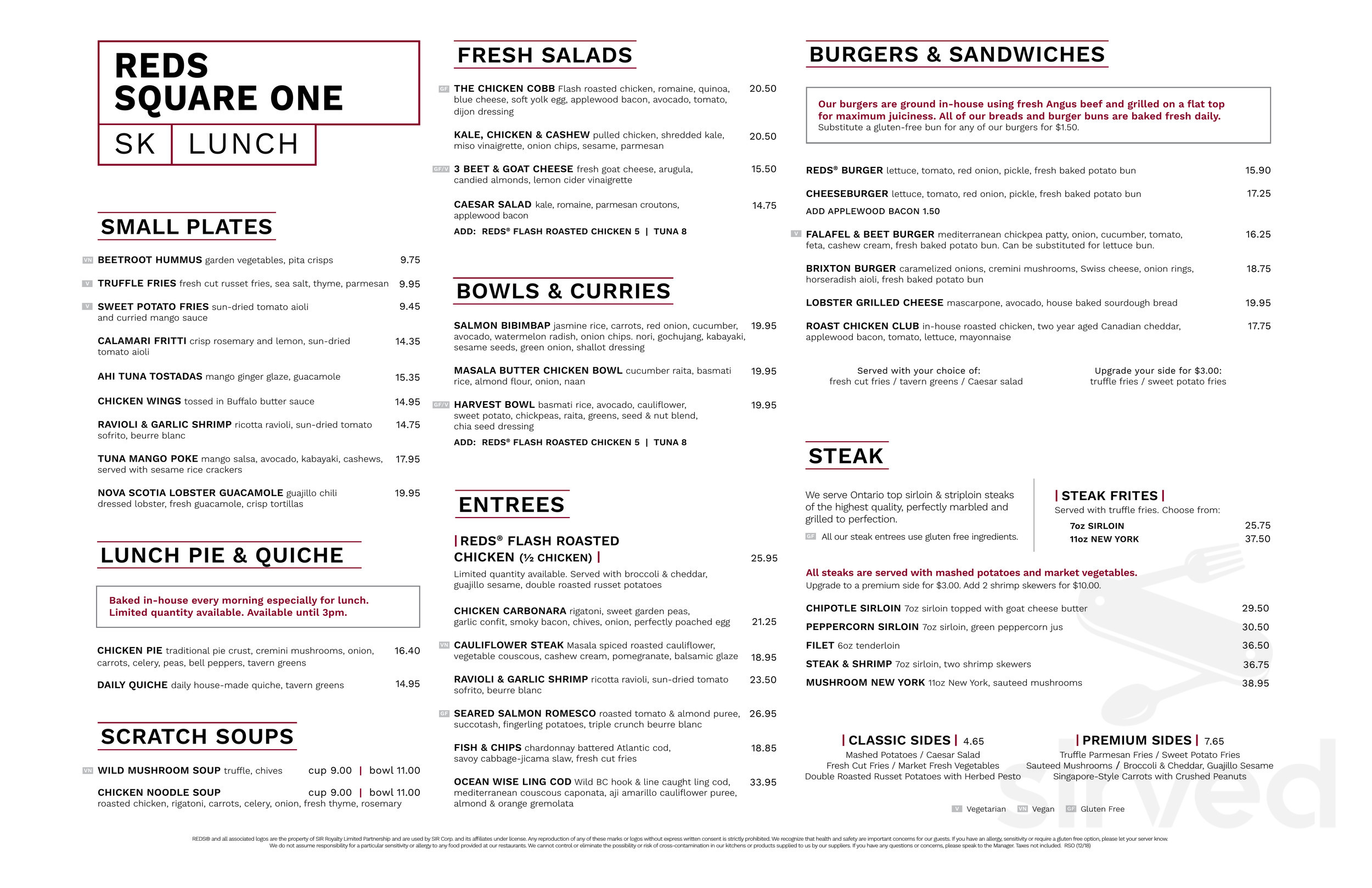 Reds Square One menus in Mississauga, Ontario, Canada
