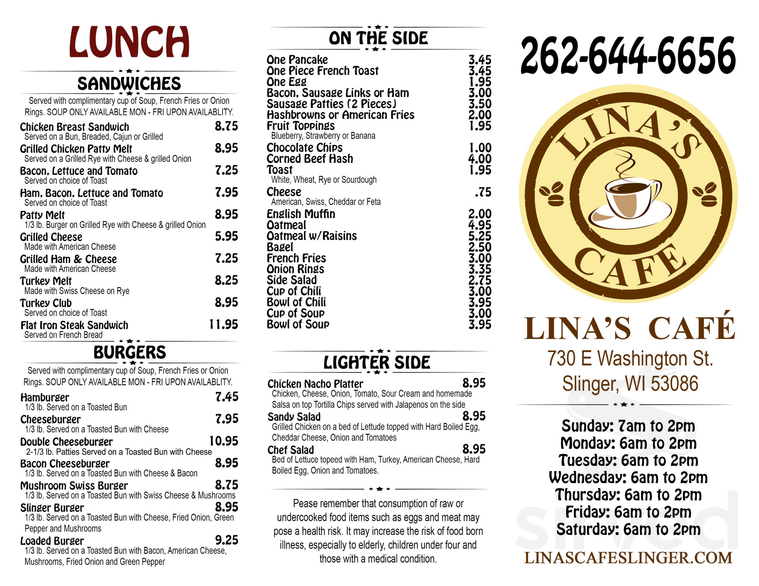 Lina's Cafe' menu in Slinger, Wisconsin, USA