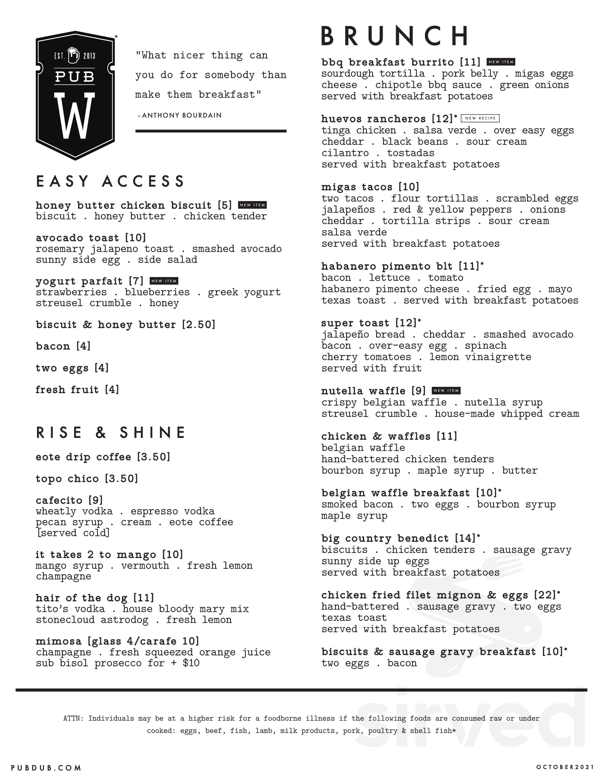 Menu for Pub W (Edmond) in Edmond, OK | Sirved