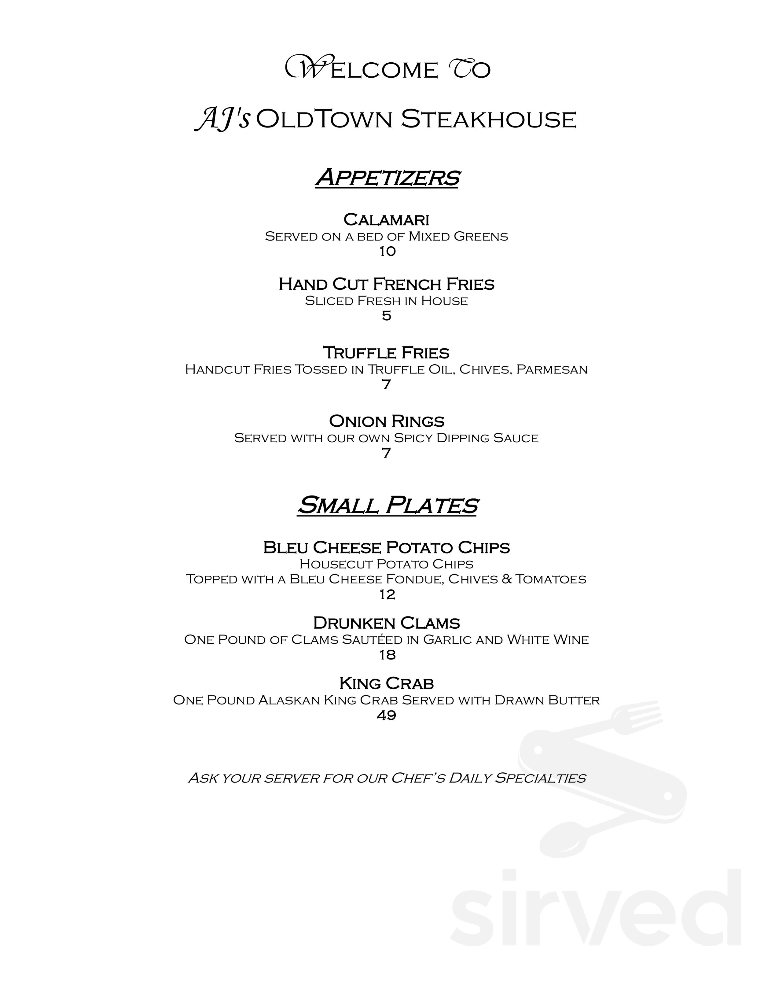 Menu for AJ's OldTown Steakhouse & Tavern in Homer, AK | Sirved