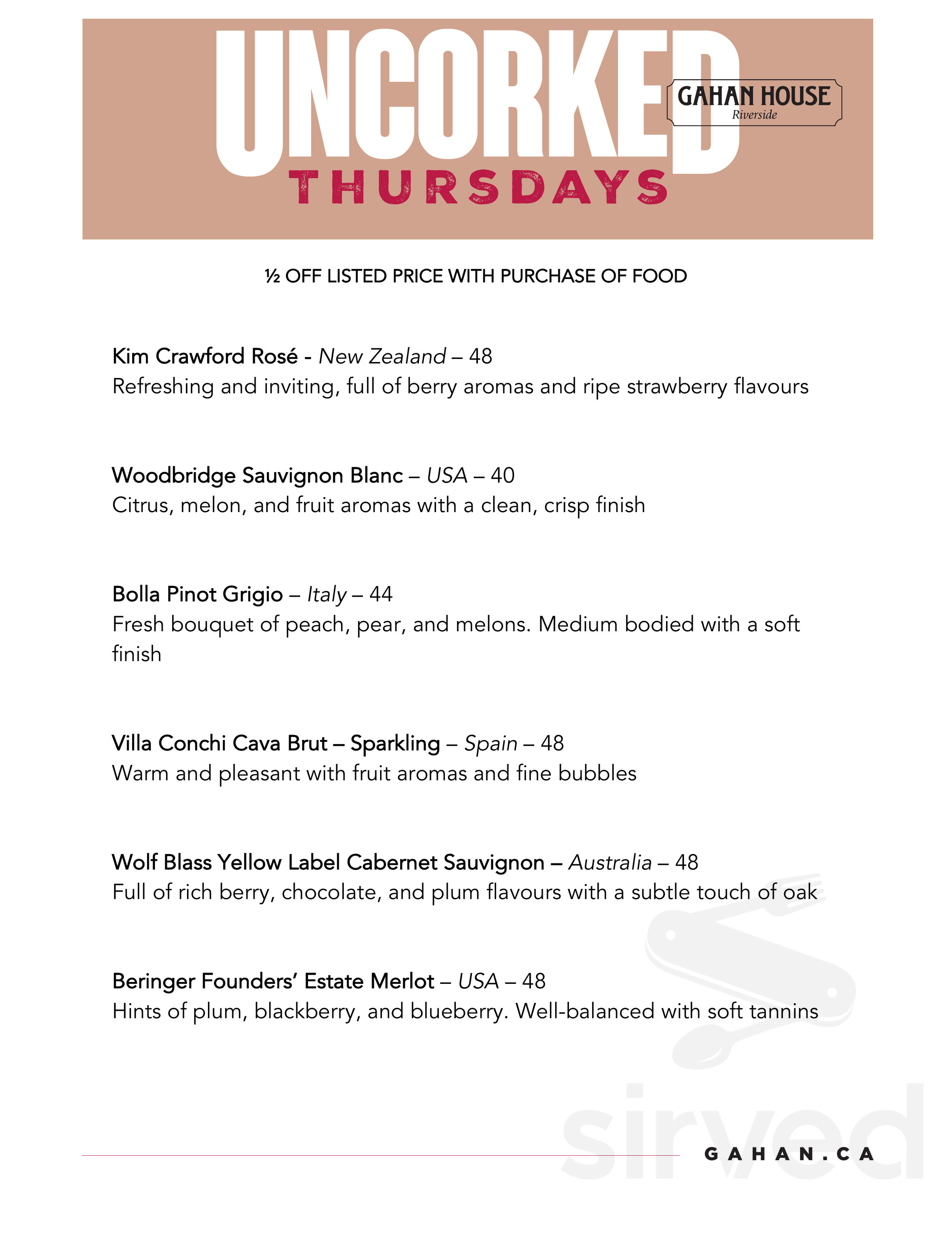 Menu - Moncton NB's Gahan House Riverside | Sirved