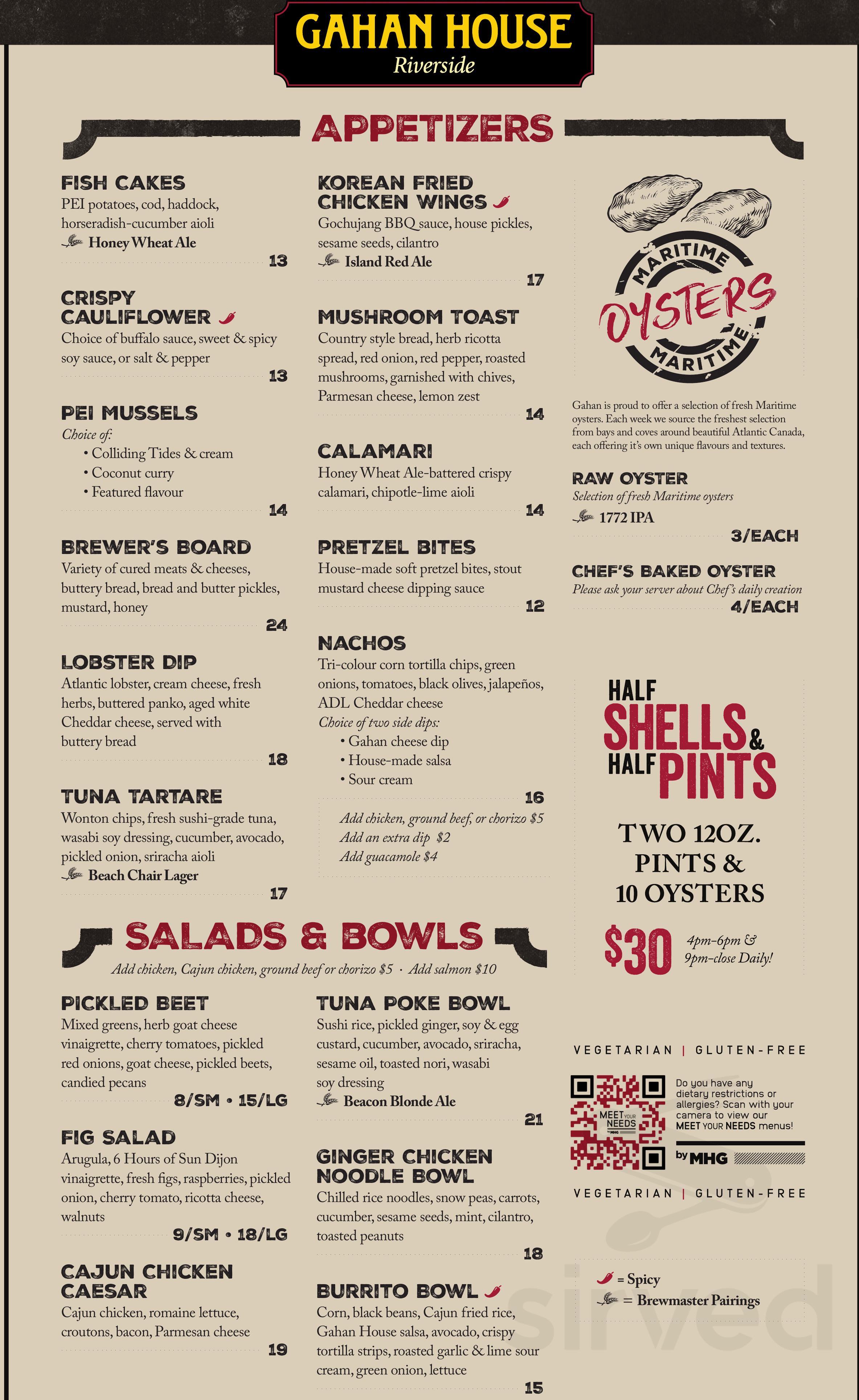 Menu - Moncton NB's Gahan House Riverside | Sirved