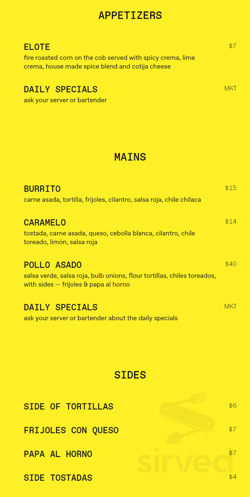 Menu - Phoenix AZ's Bacanora PHX | Sirved